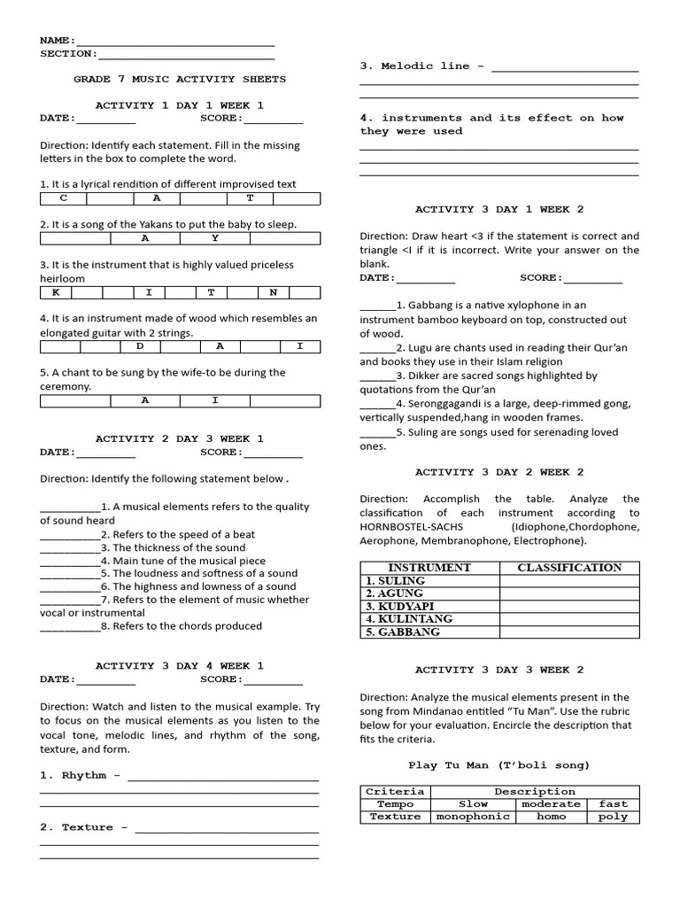 Grade 7 Music Activities Q3 | PDF | Performing Arts | Entertainment