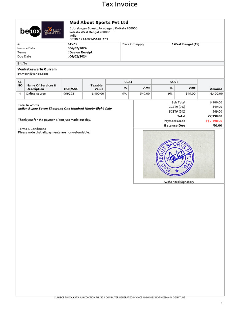 Mad About Sports PVT LTD: Venkateswarlu Gurram | PDF | Invoice | Money