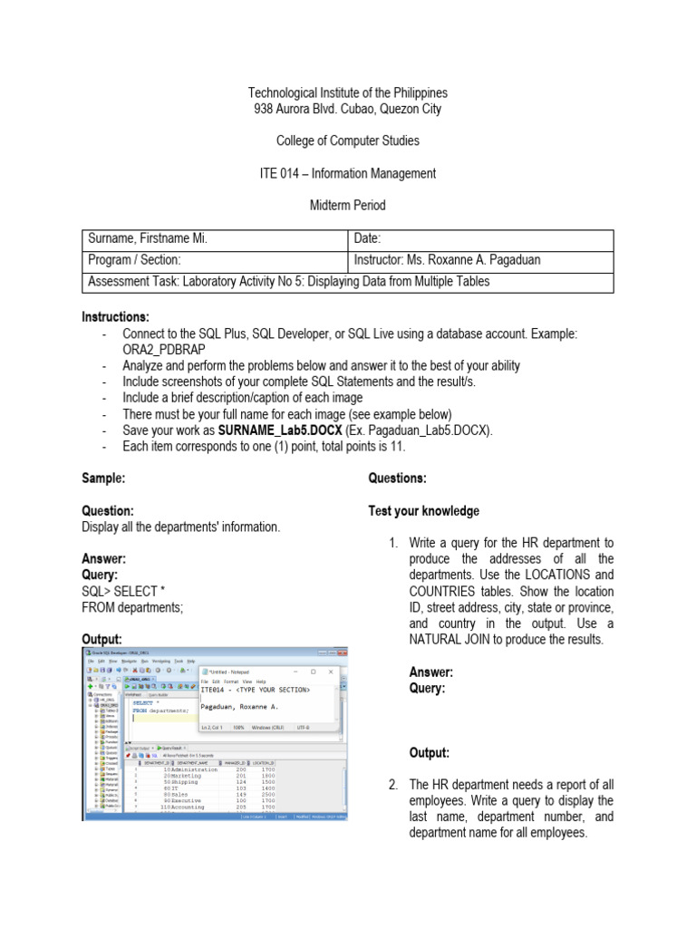 Laboratory Activity No 5_Displaying Data From Multiple Tables | PDF | Sql | Information Science
