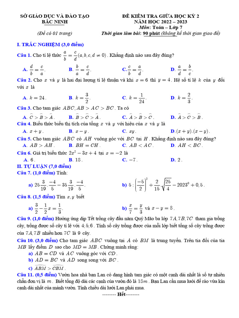De Kiem Tra Giua Hoc Ky 2 Toan 7 Nam 2022 2023 So GDDT Bac Ninh | PDF