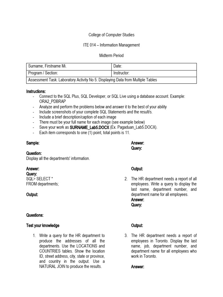 Laboratory Activity No 5 - Displaying Data From Multiple Tables | PDF | Sql | Databases