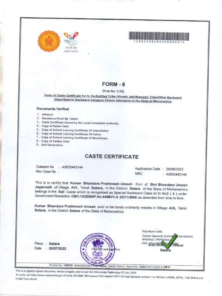 Caste Certificate | PDF