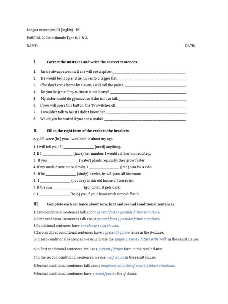 Type 0, 1 & 2 Conditional Exercises | PDF | Sentence (Linguistics ...