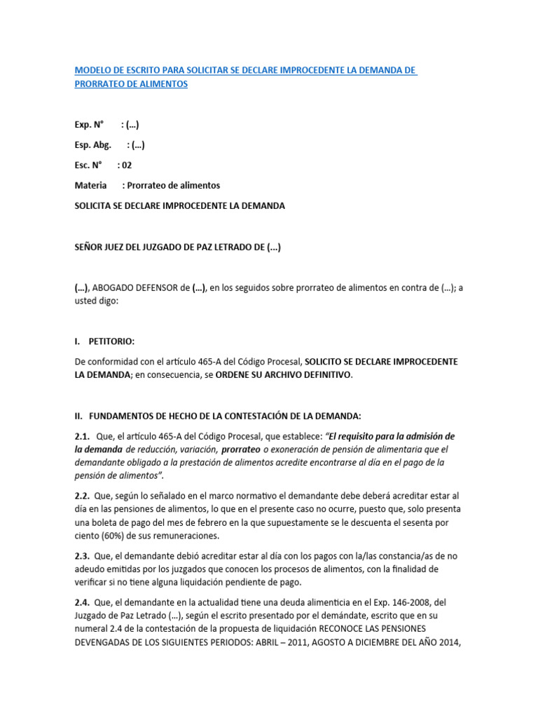 Modelo de Escrito para Solicitar Se Declare Improcedente La Demanda de Prorrateo de Alimentos ...