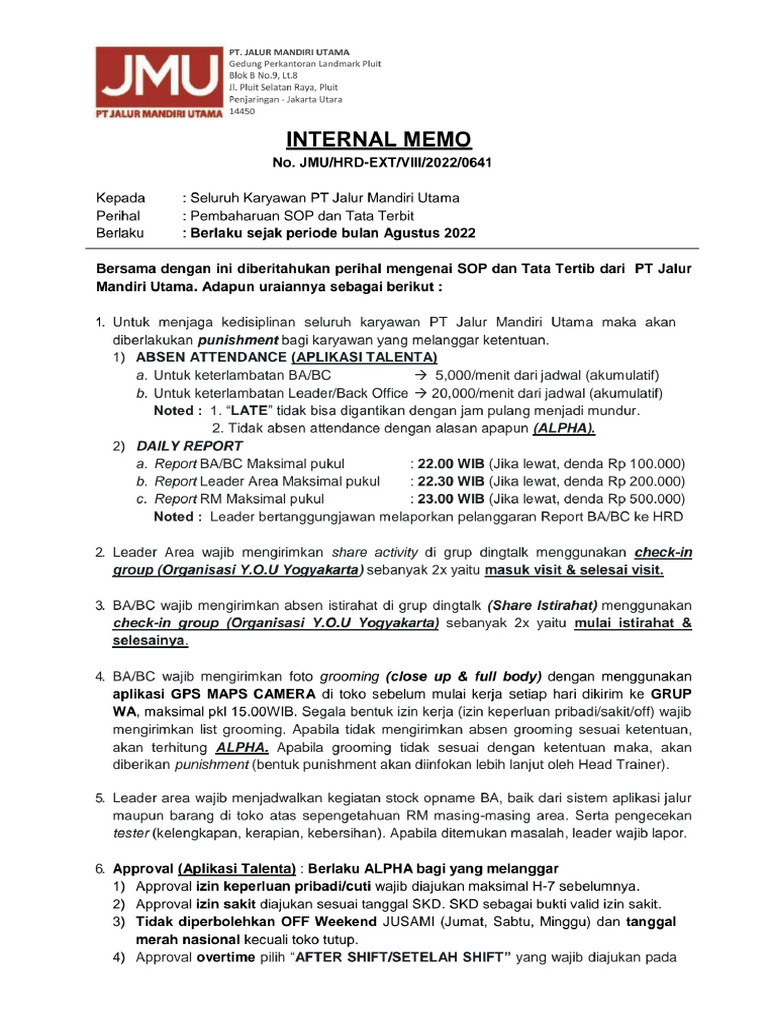 Internal Memo Kedisiplinan & Talenta - Sop Dan Tata Tertib | PDF