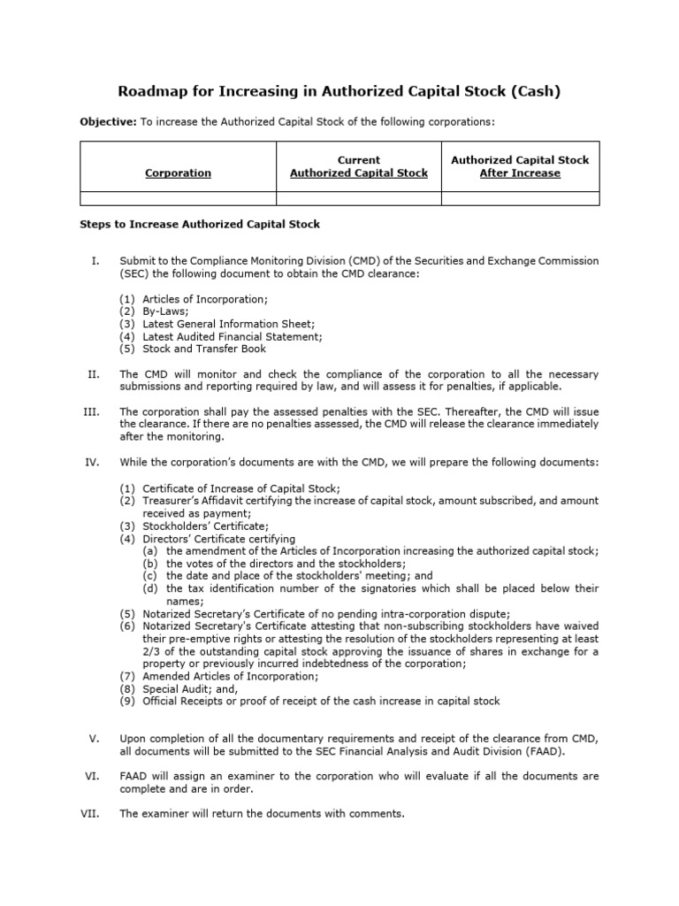 Roadmap Increase of Authorized Capital Stock Form | PDF | Stocks | U.S ...