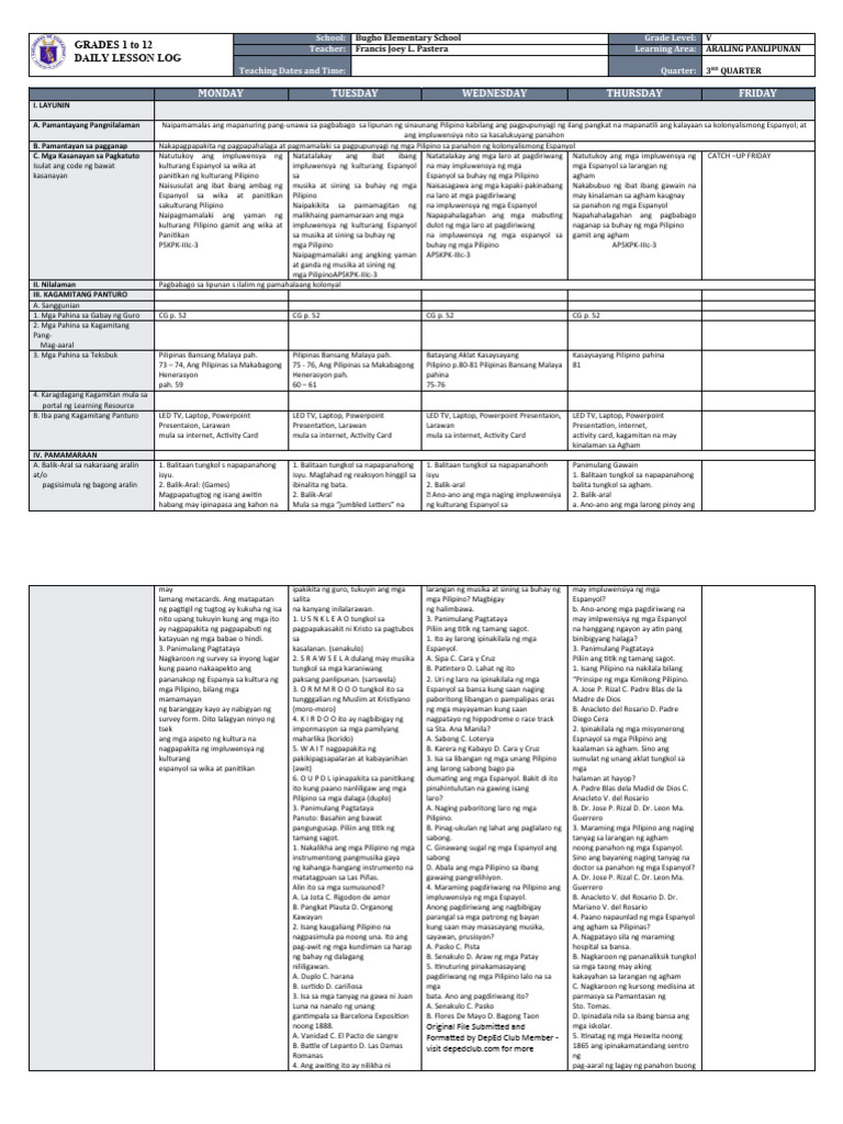DLL Araling Panlipunan 5 q3 w3 | PDF