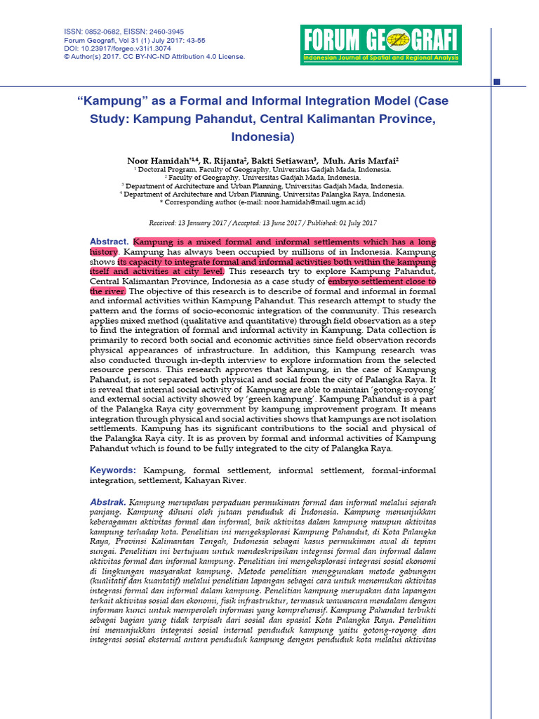 "Kampung" As A Formal and Informal Integration Model (Case Study Kampung Pahandut, Central ...