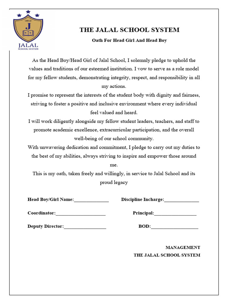 Oath For Head Girl - Boys | PDF | Career & Growth | Wellness