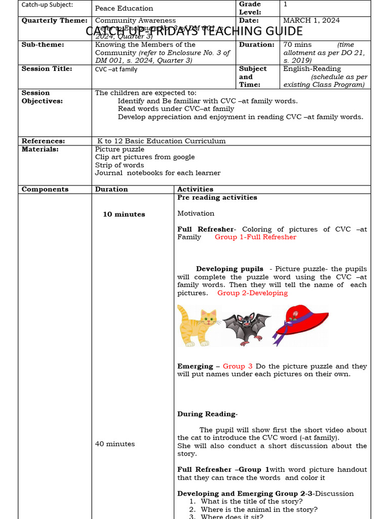 Grade1-Eng-Reading - Catch-Up-Friday | PDF | Teaching | Pedagogy
