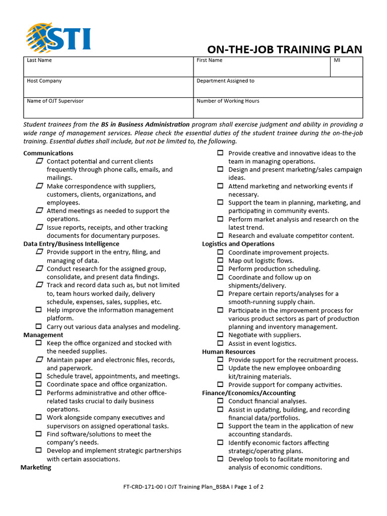 FT-CRD-171-00012 OJT Training Plan BSBA | PDF | Supply Chain | Logistics