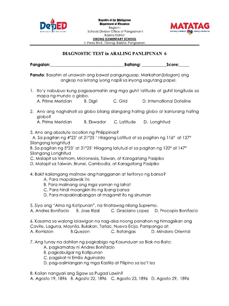 Diagnostic Tests - Grade 6 - SY 2023 2024 PDF | PDF