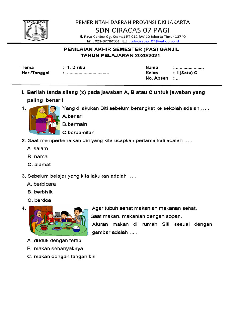 Soal Pas Kelas 1 Tema 1 2021 | PDF