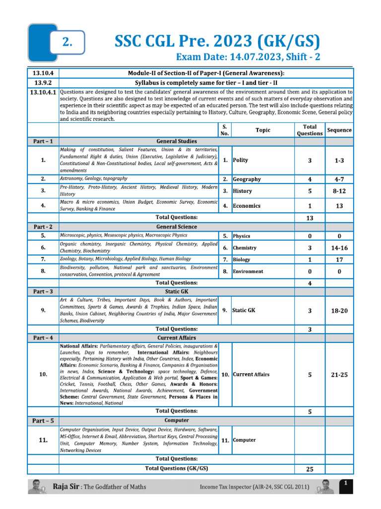 SSC CGL PRE 2023 GK & GS 14.7.2023 Shift 2 | PDF