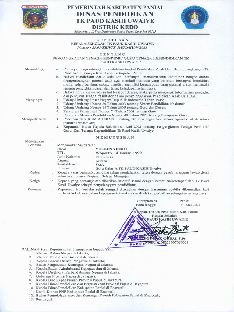 SK Pengangkatan Guru Yulben Yeimo | PDF