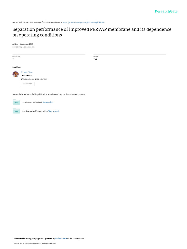 Improved PERVAP Membrane - Yave - 2018 | PDF