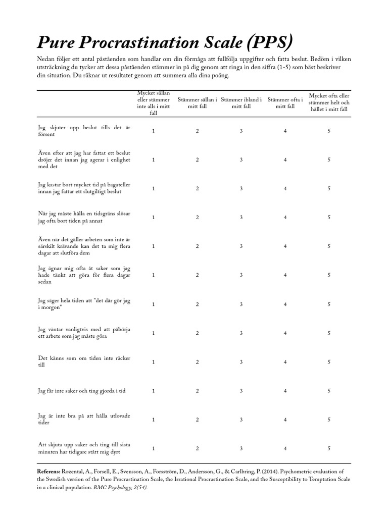 Pure Procrastination Scale (PPS) | PDF