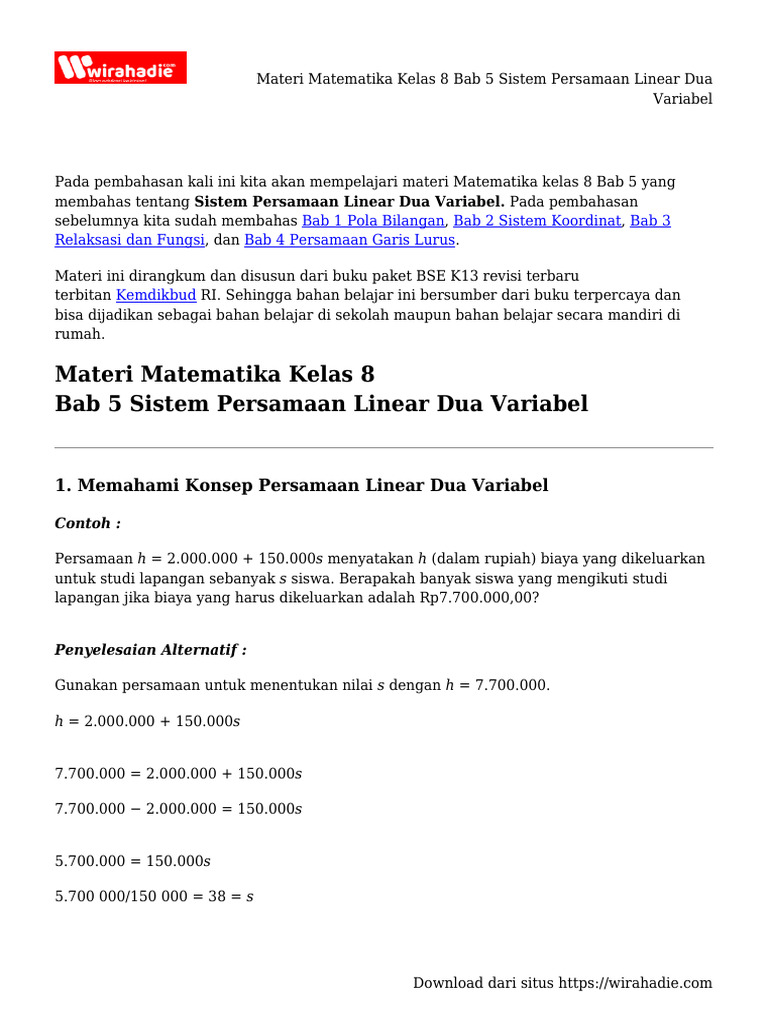 Materi Matematika Kelas 8 Bab 5 Sistem Persamaan Linear Dua Variabel | PDF