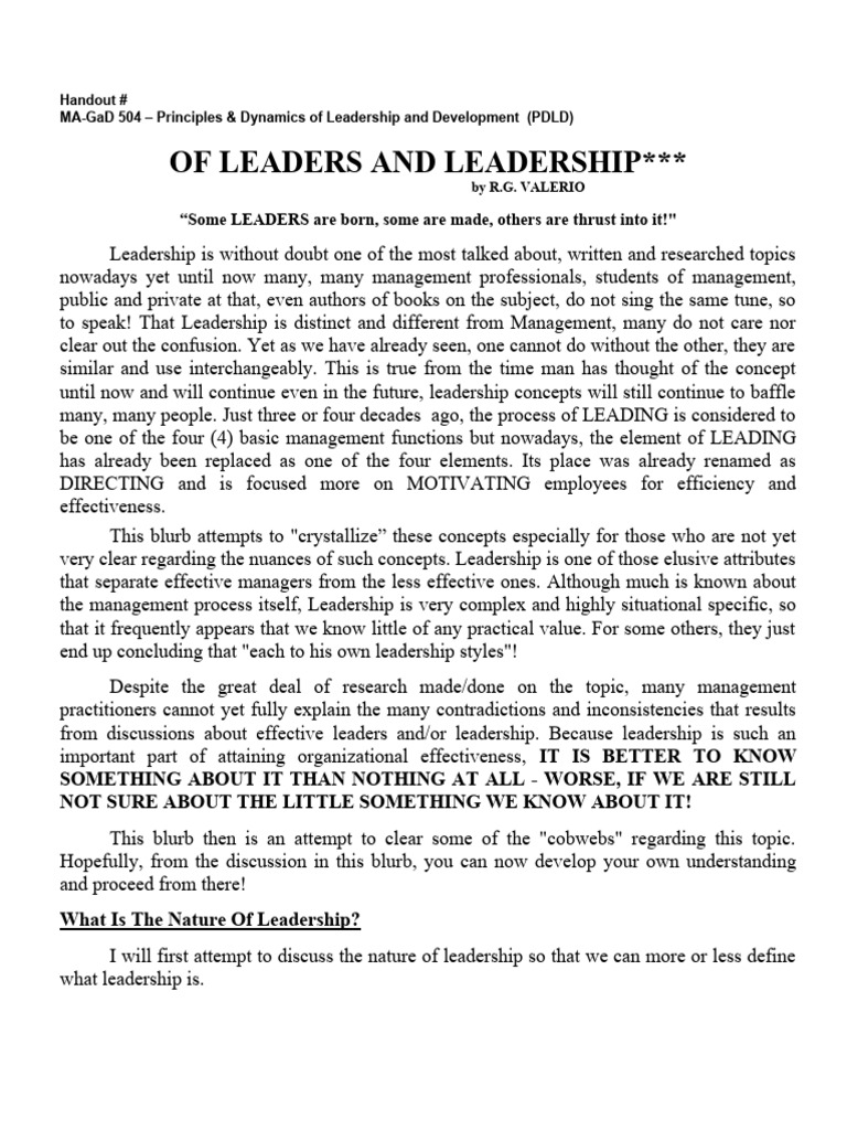 Handout of Leaders and Leadership | PDF | Leadership | Power (Social ...