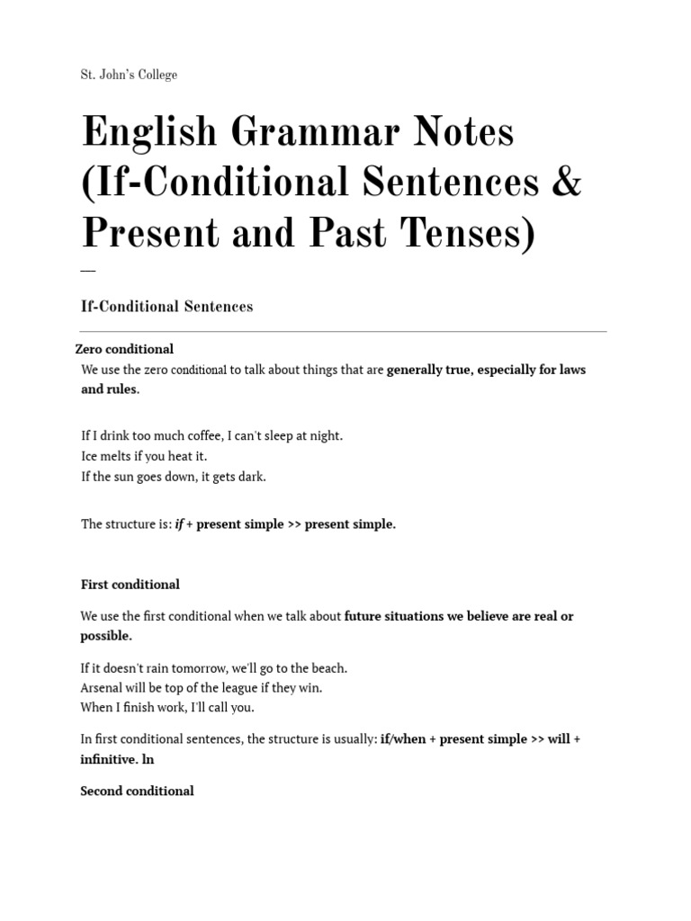 English Grammar Notes (If-Conditional Sentences & Present and Past ...