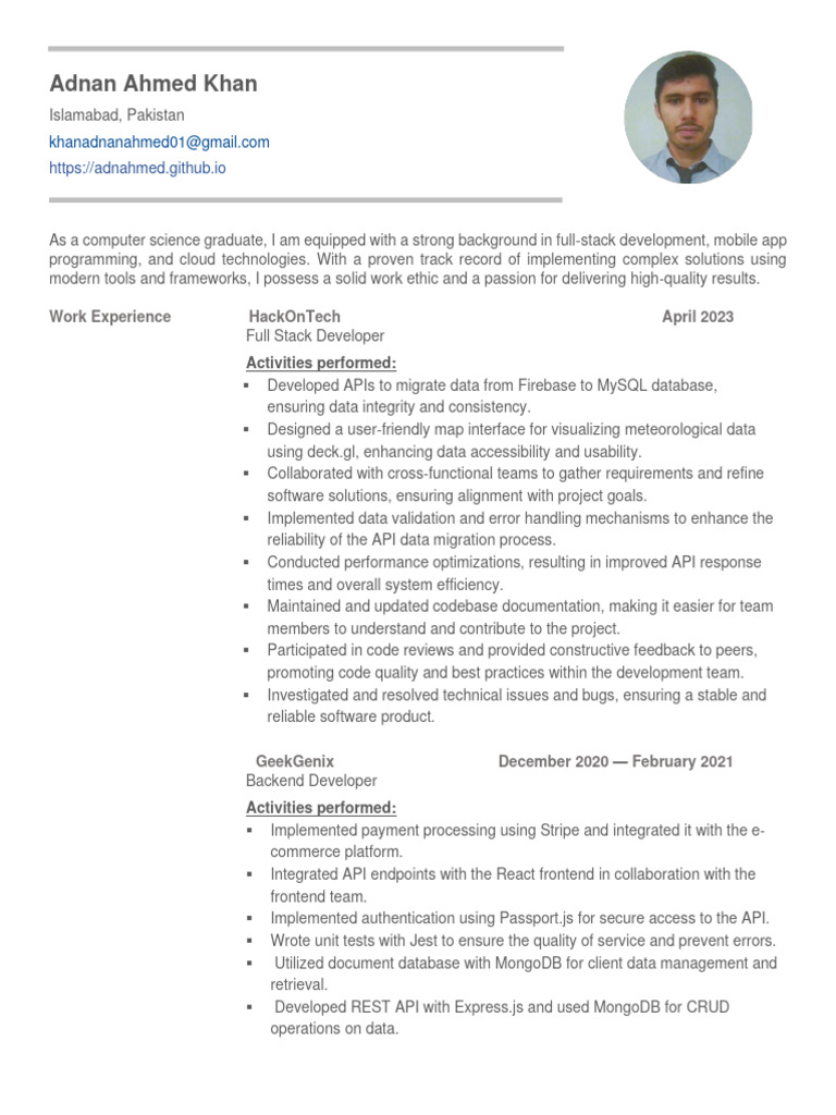 myCV - Adnan Ahmed Khan 2-3-2023 - Compressed | PDF | Usability | Databases