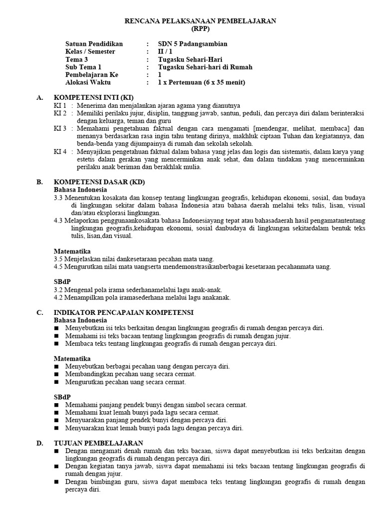 RPP TEMA 3 KELAS 2 TUGASKU SEHARI-HARI | PDF