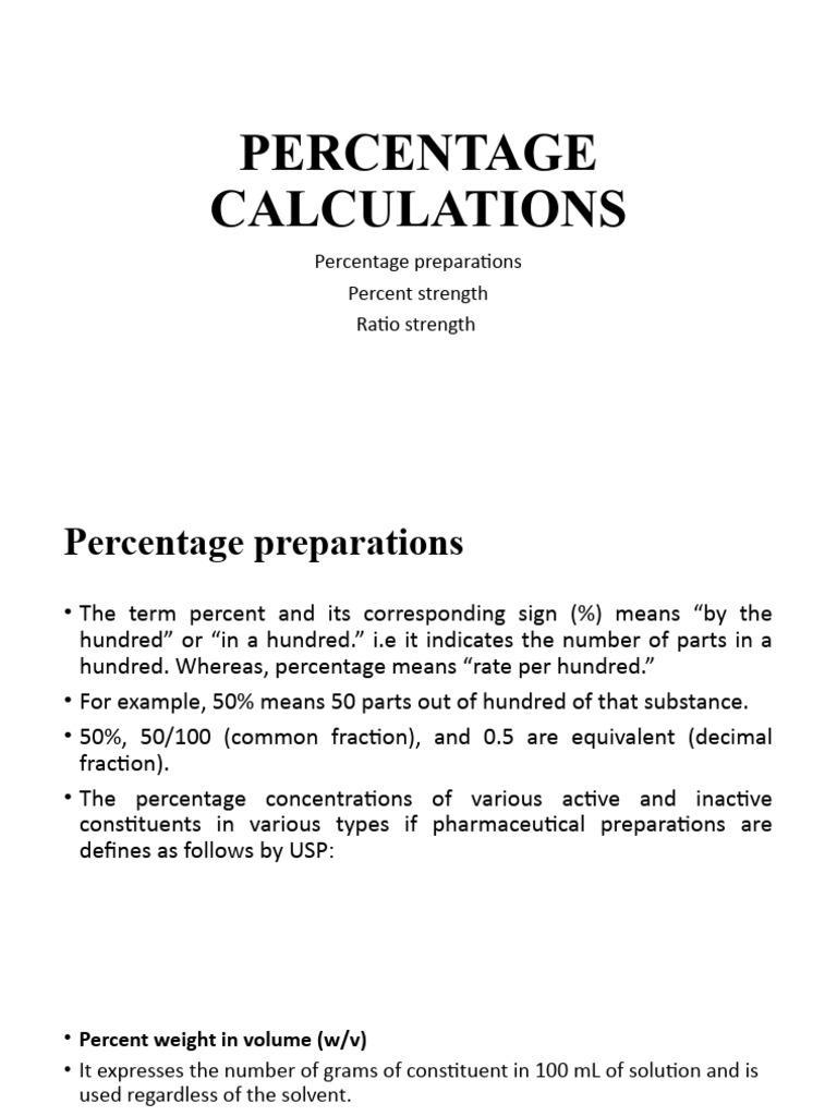 PERCENTAGE CALCULATIONS | PDF | Mass Concentration (Chemistry) | Percentage