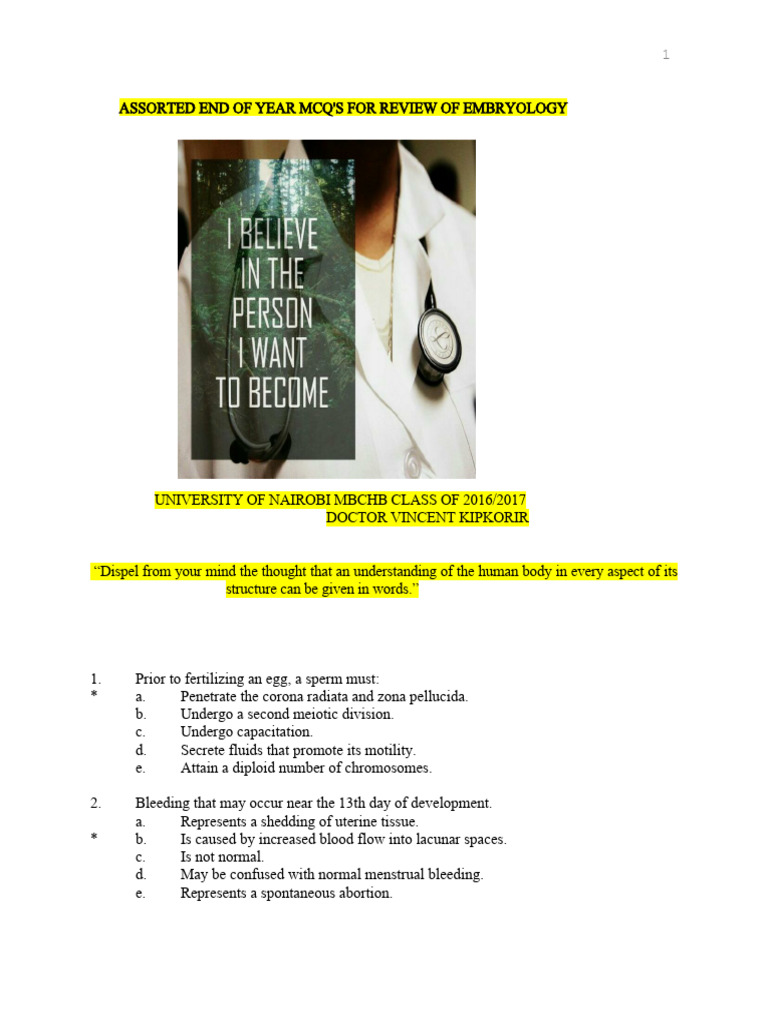 Assorted Embryology MCQs With Answers | PDF