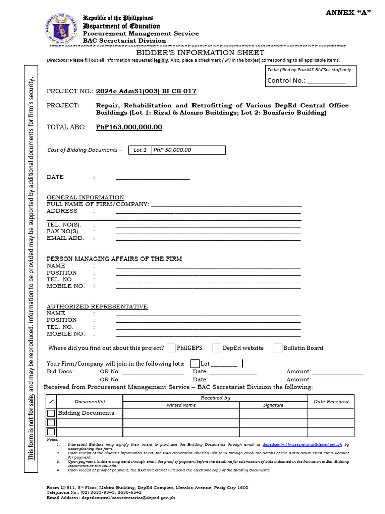 ANNEX A - Bidders Information Sheet | PDF | Service Industries | Business