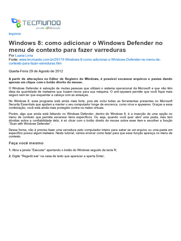 Windows 8 - Como Adicionar o Windows Defender No Menu de Contexto para Fazer Varreduras | PDF ...