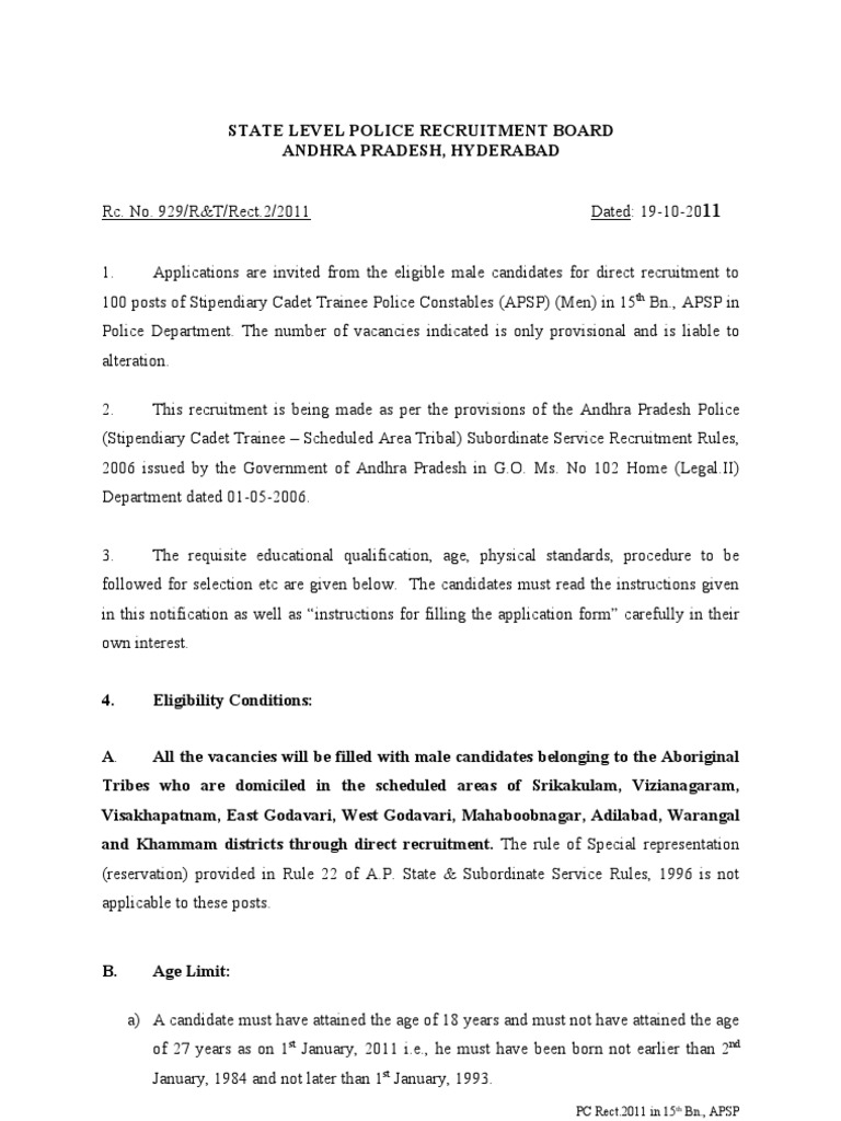 Police Constables Rect. 2011 in 15th Bn. APSP Notification | PDF ...