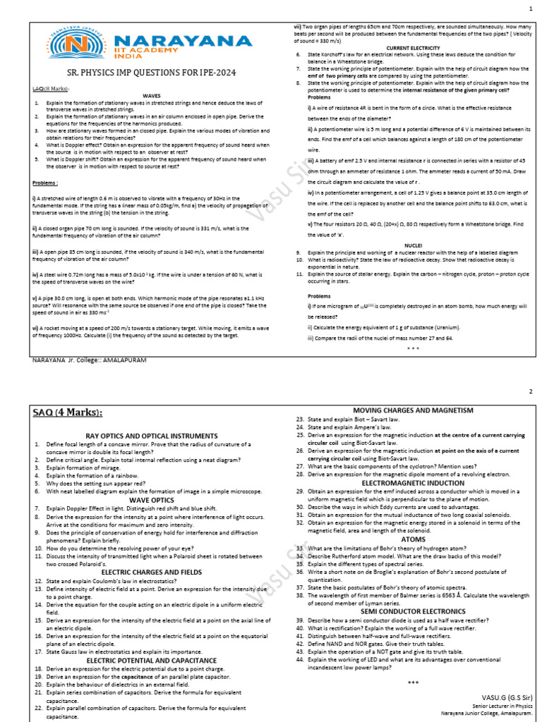 Sr. Phy Imp For Ipe 2024 01-02-24 Final | PDF | Capacitance | Magnetic Field