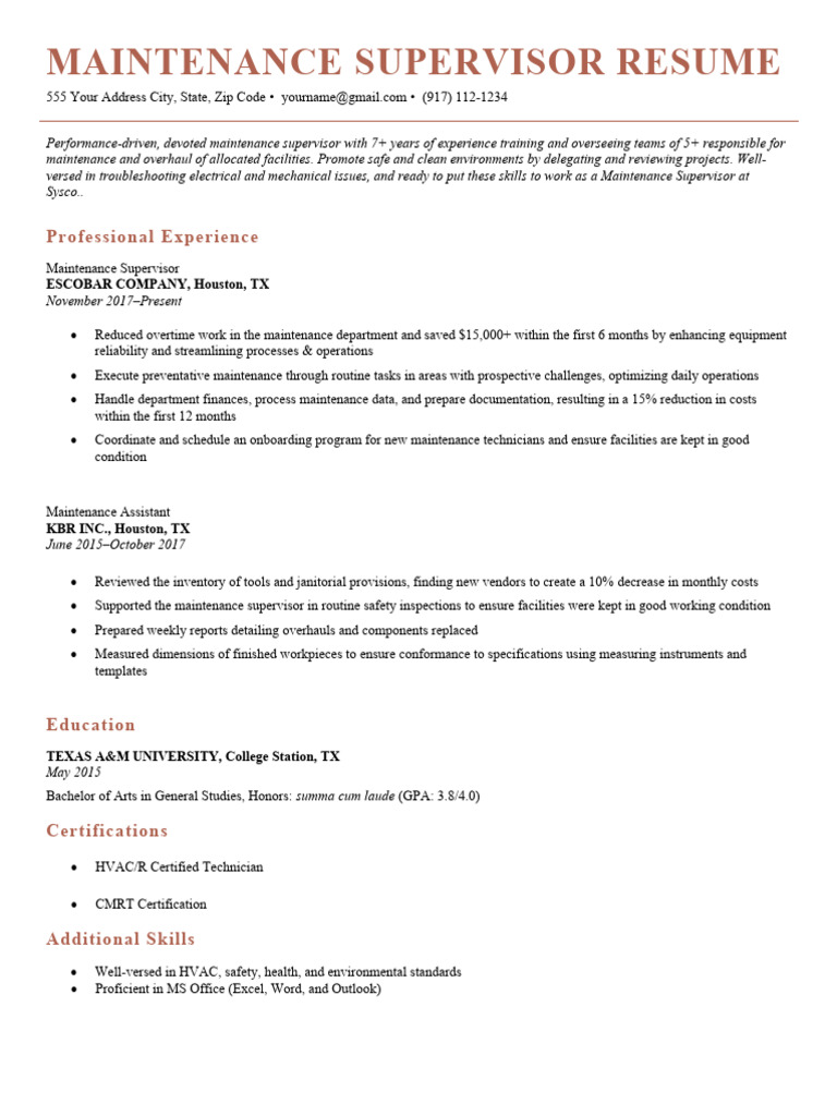 Maintenance Supervisor Resume Sample Template | PDF
