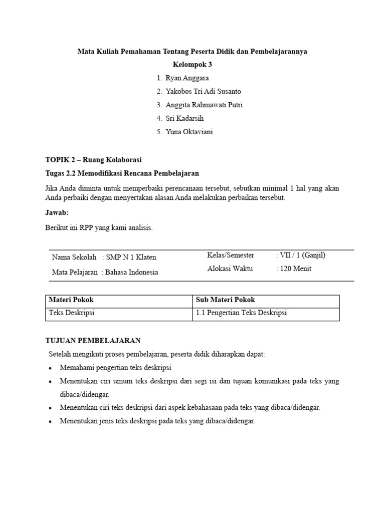 Ruang Kolaborasi - 2.2 Kelompok 3 - MK Pemahaman Peserta Didik Dan Pembelajarannya - Topik 2 | PDF