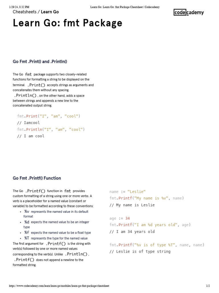 Learn Go - Learn Go - FMT Package Cheatsheet - Codecademy | PDF