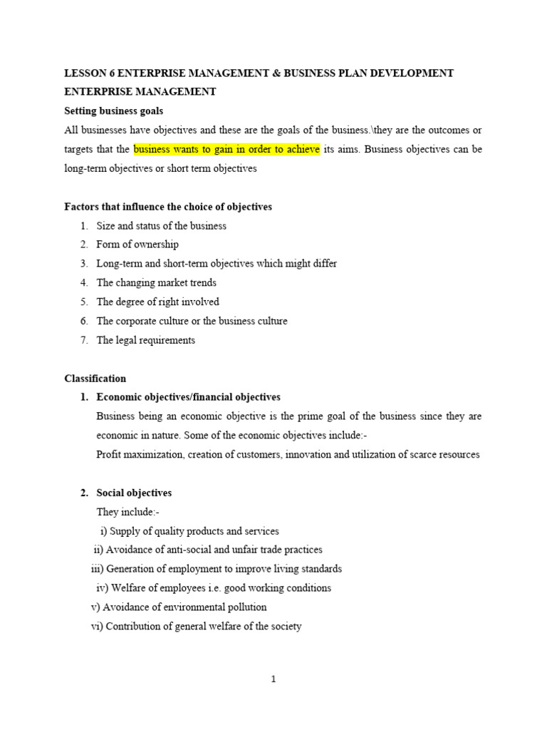 Lesson 6 Enterprise Management Business Plan Development | PDF ...