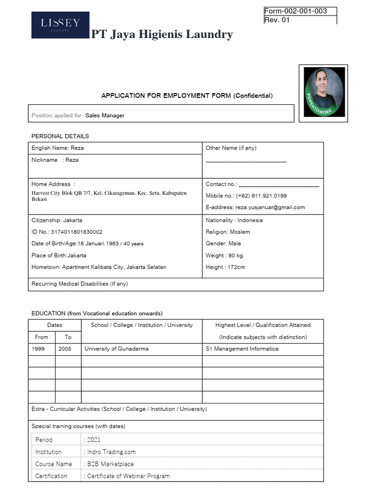 Aplication Form Lissey Laundry Pdf Sales Private Sector