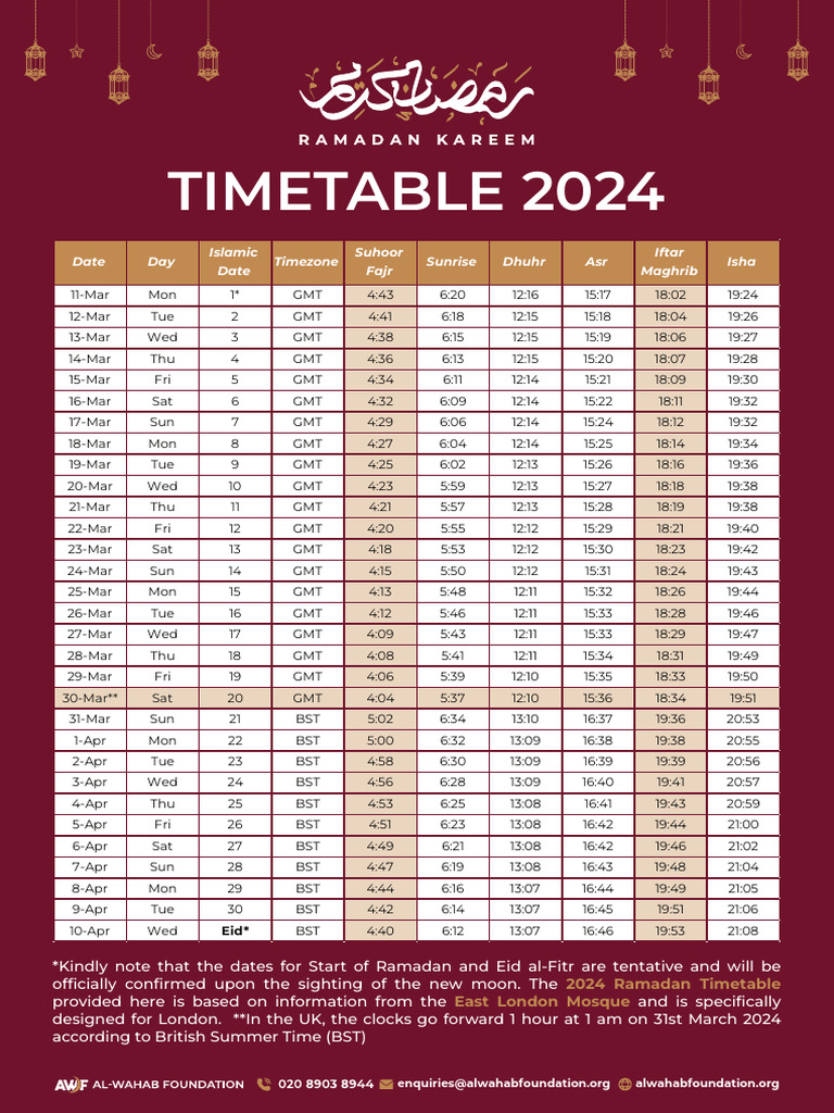 Ramadan Timetable 2024 | PDF | Islamic Jurisprudence | Theocracy