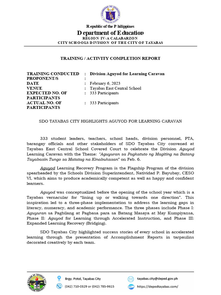 Narrative report on Aguyod Caravan | PDF | Behavior Modification | Learning