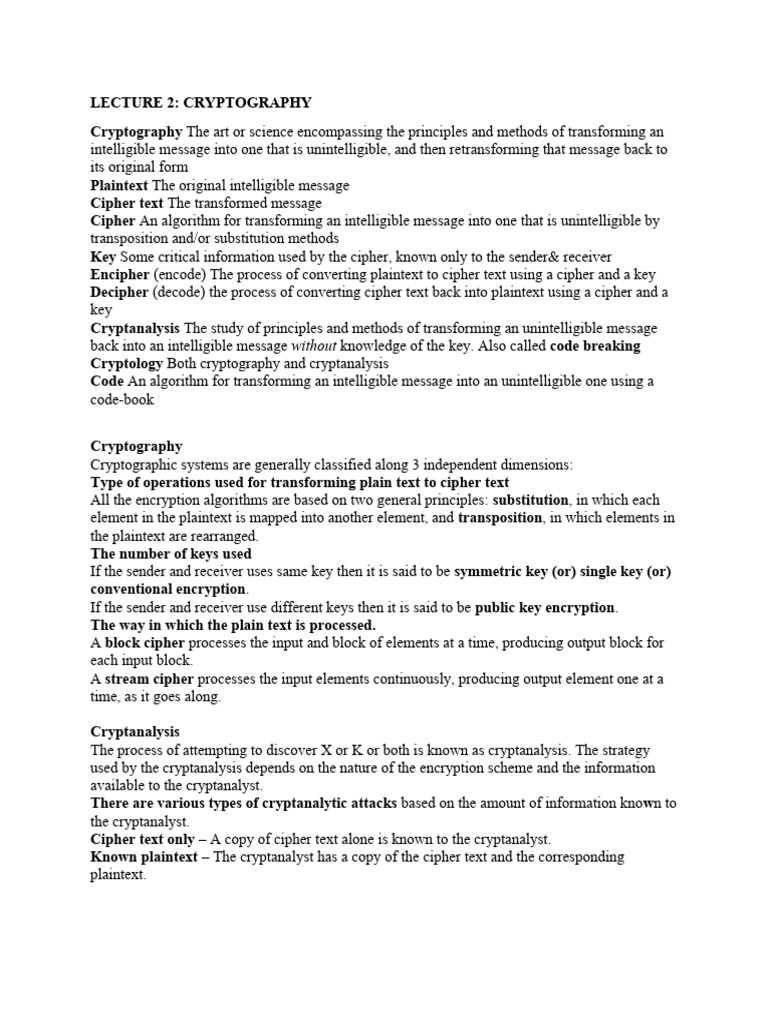 Lecture 2 Cryptography | Download Free PDF | Cryptography | Key (Cryptography)