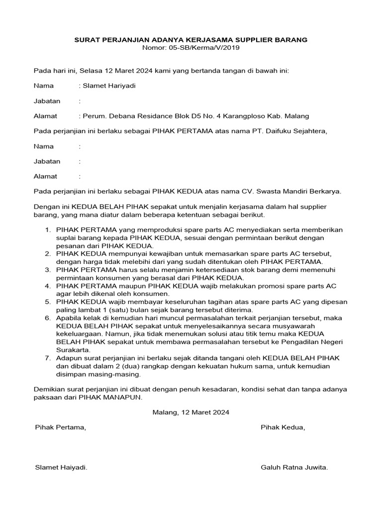 Surat Perjanjian Kerjasama Kemitraan Usaha Pdf