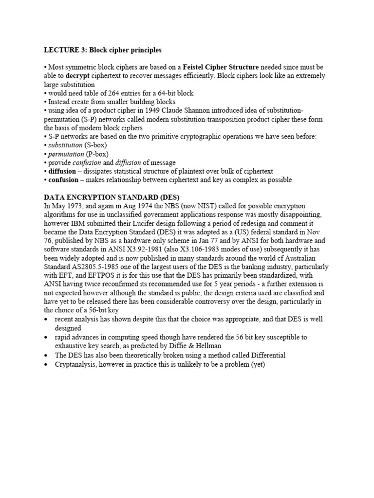 LECTURE 3 Block Cipher Principles | PDF | Encryption | Cryptography
