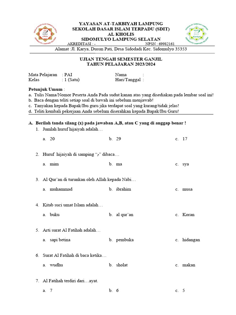 Soal Mid Pai K.1 SMT 1 OK | PDF