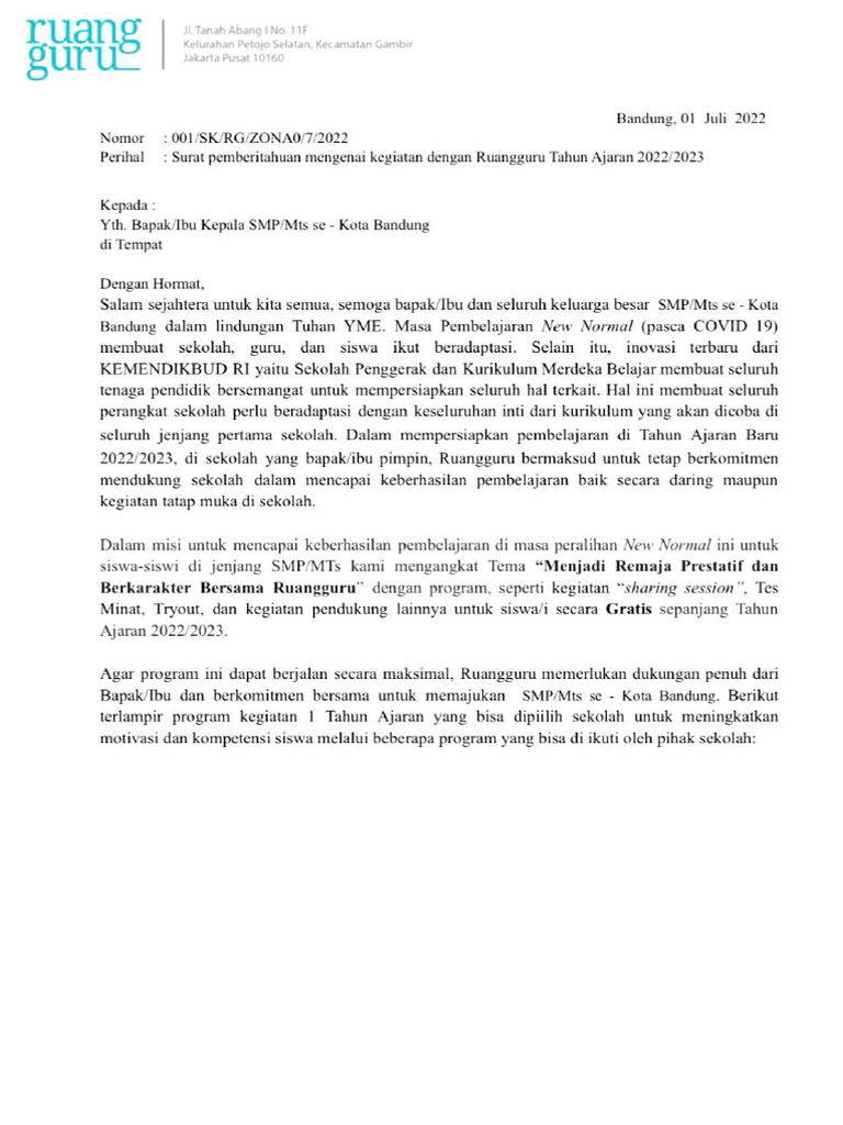 Surat MoU Kegiatan Sekolah Menengah Pert | PDF