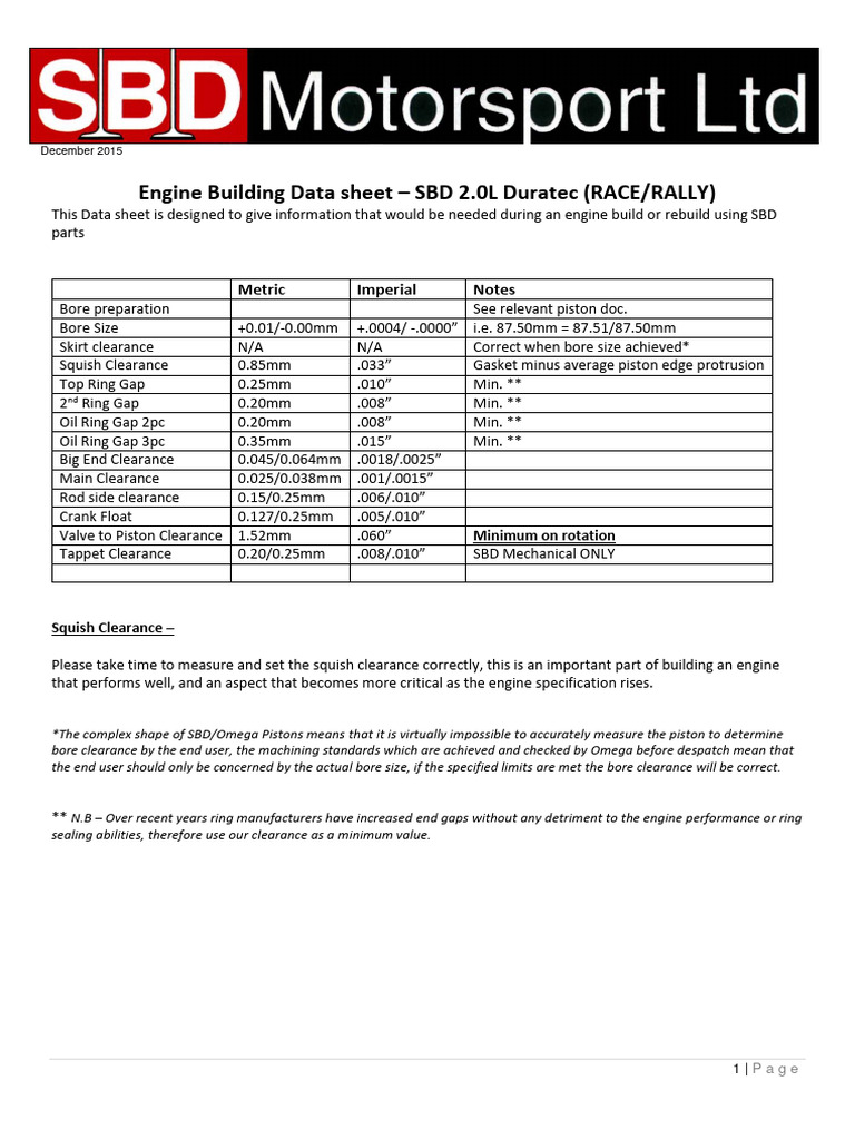 2-0L Duratec Engine Building Data Sheet | Download Free PDF ...