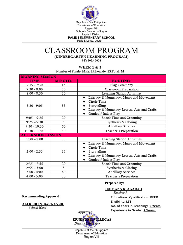 KLP Class Program Kinder | PDF | Teachers | Classroom