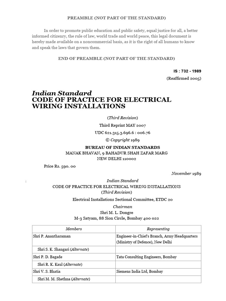 Indian Standard - CODE OF PRACTICE FOR ELECTRICAL WIRING INSTALLATIONS ...