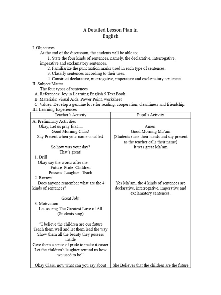 Lesson Plan: Four Types of Sentences | PDF | Sentence (Linguistics ...