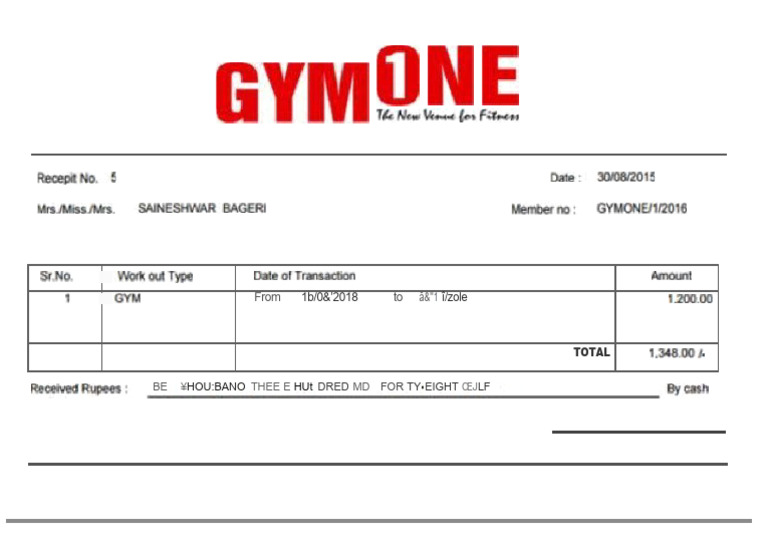 Gym Membership Receipt Template | PDF