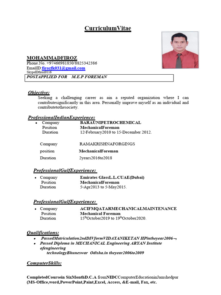 MEP Foreman CV - Mohammad Firoz | PDF | Machines | Pump